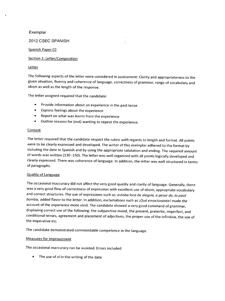 CSEC June2012 Spanish Pap.2 Sec.1.Ex | PDF | Grammatical Tense ...