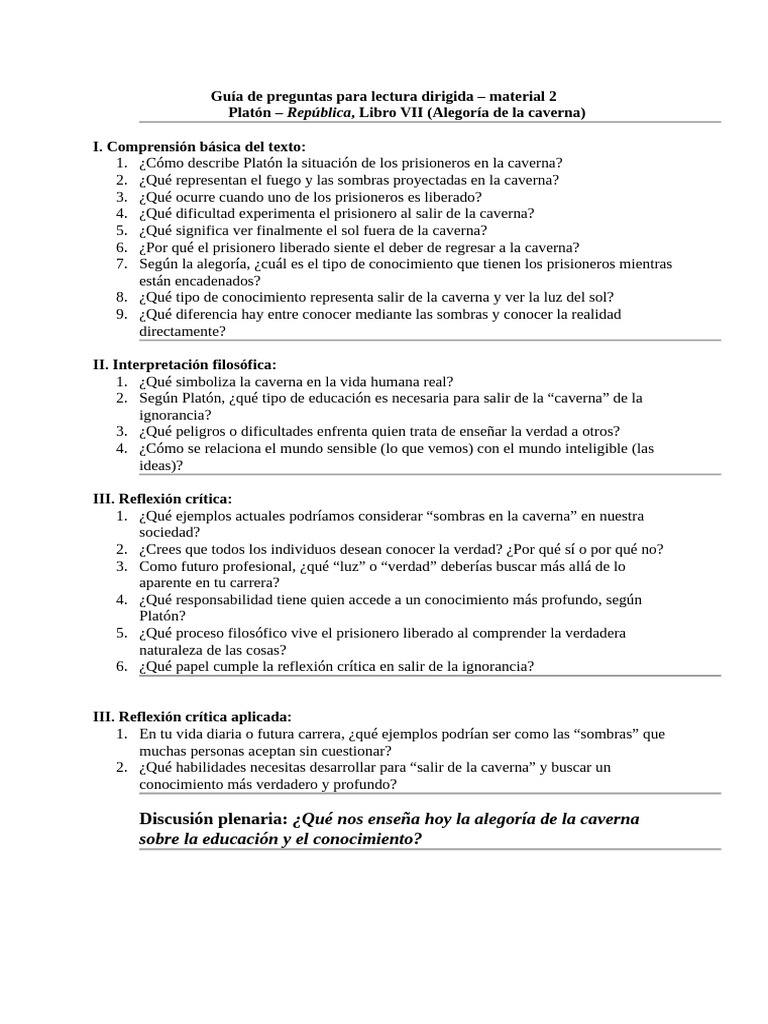 Preguntas para la Alegoría de la Caverna | PDF | Conocimiento | Platón