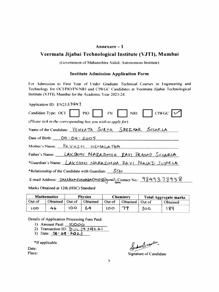 VJTI Application Form | PDF
