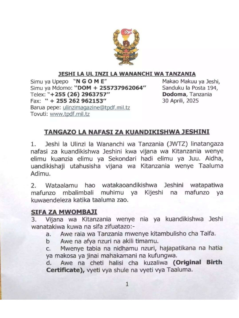 Tangazo La Kujiunga JWTZ | PDF