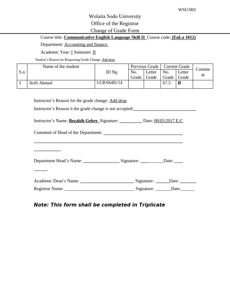 Grade Change Request for Arifi Ahmed | PDF