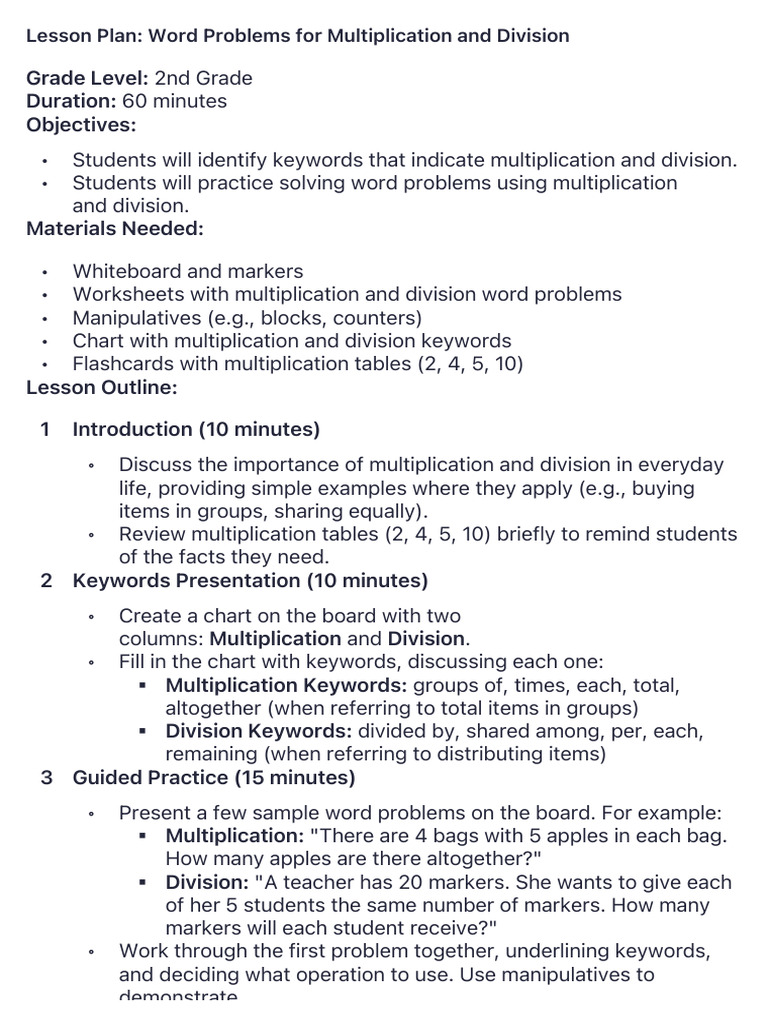Lesson Plan - Word Problems For Multiplication and Division | PDF ...