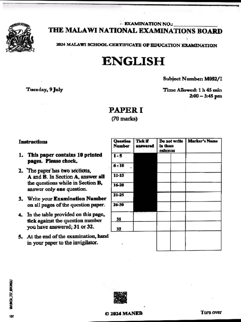 2024 English Past Paper 1 | PDF