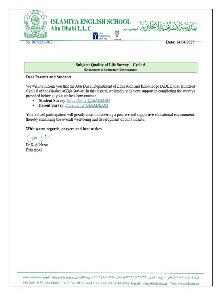 ADEK Quality of Life Survey Cycle 6 | PDF