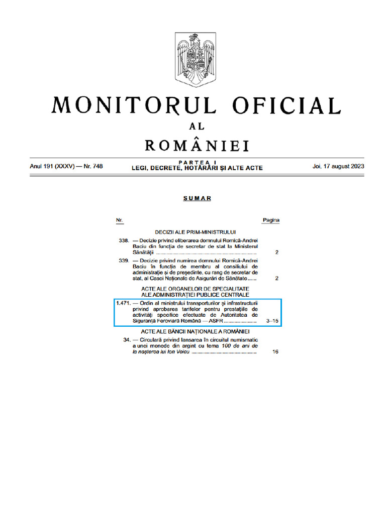 Tarifele ASFR - OMTI NR - 1471 Din 2023 | PDF