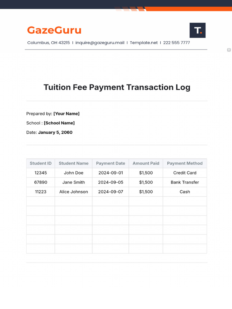 Tuition Fee Payment Transaction Log Template | PDF