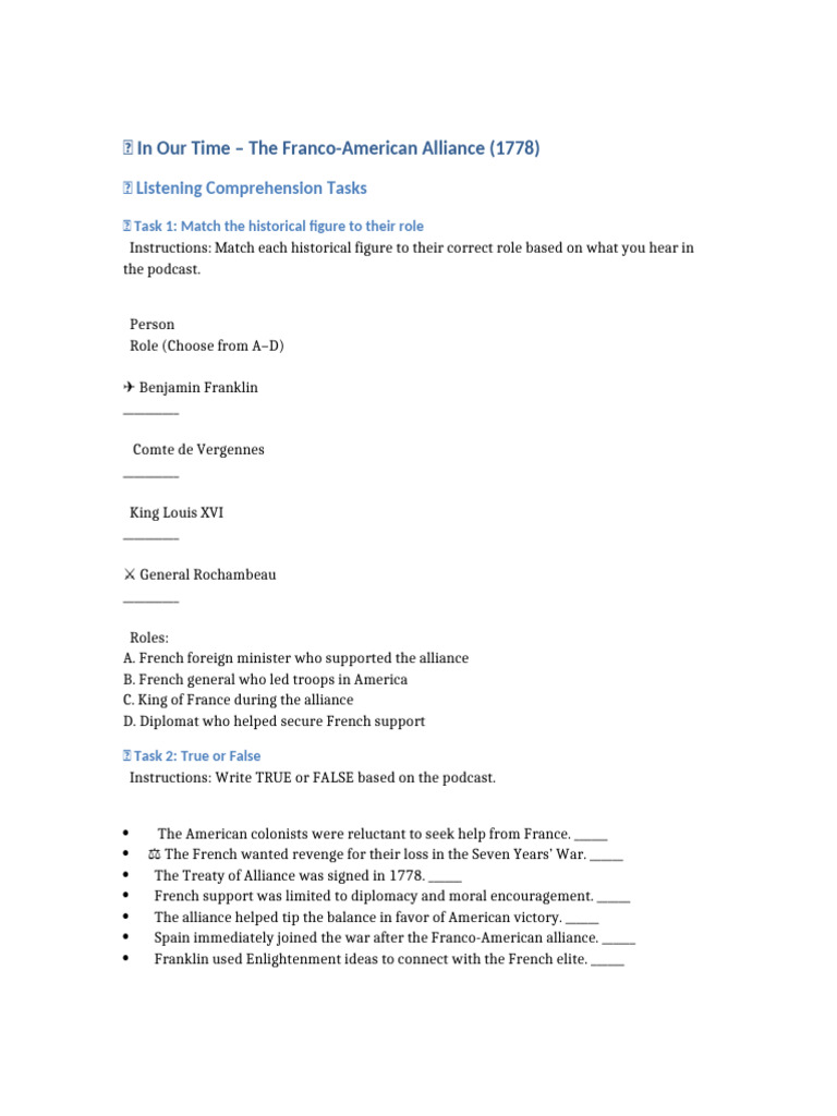 Franco-American Alliance Listening Tasks | PDF | Global Politics ...