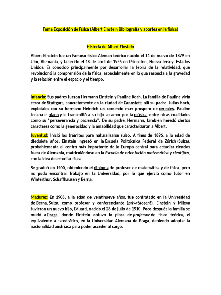 Aportes de Albert Einstein a la Física | PDF | Albert Einstein ...