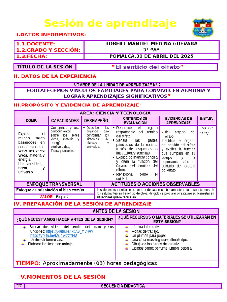 Sesiòn El Sentido Del Olfato | PDF | Aprendizaje | Hipótesis