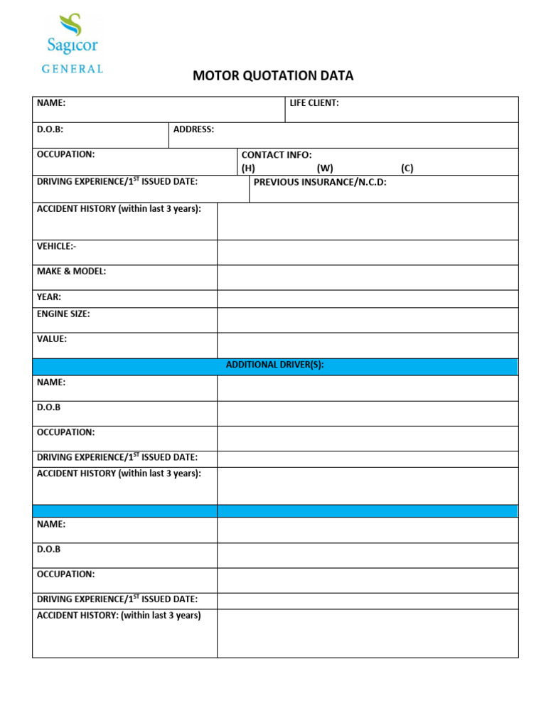 Motor Quotation Data Form | PDF