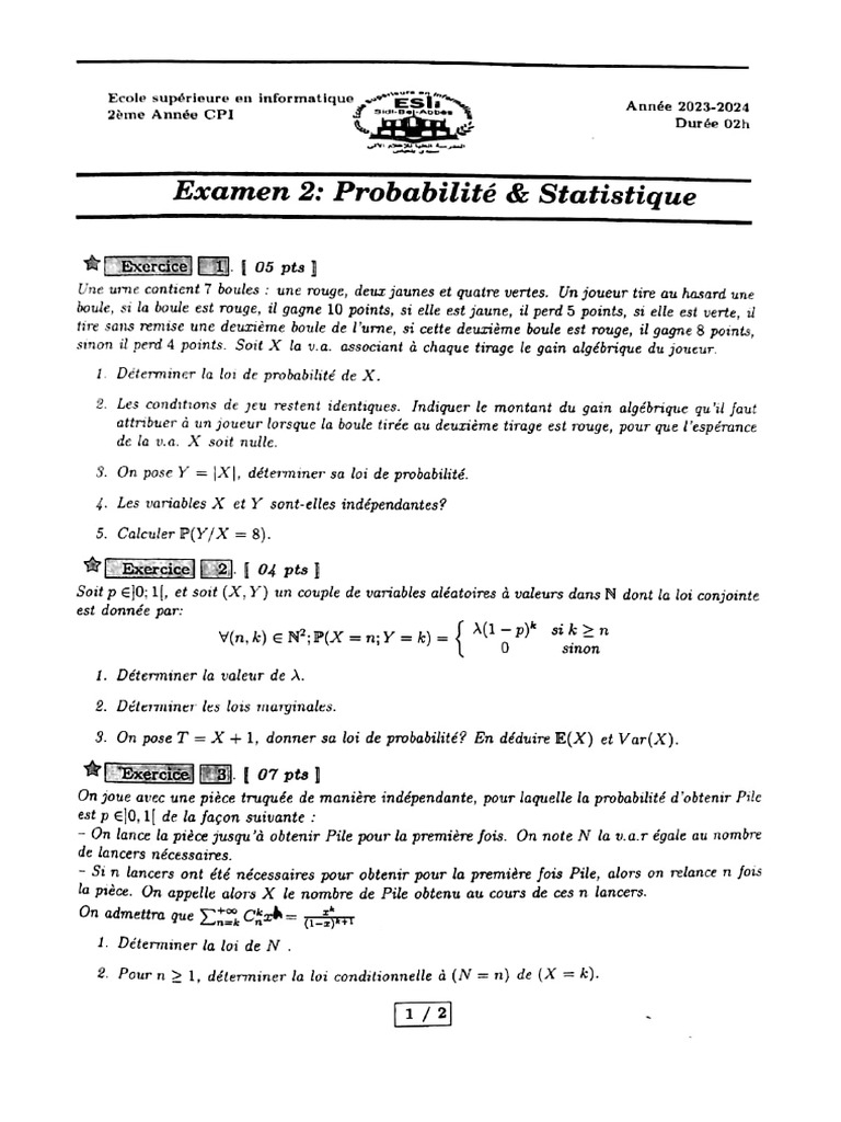 Examen2 Proba1 2023-2024 | PDF