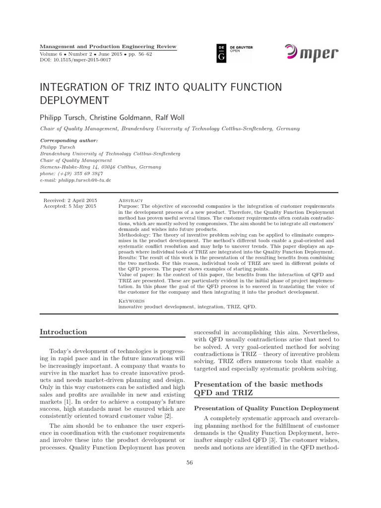 Integration of Triz Into Quality Function Deployment R1s8to12hd | PDF | Innovation | Methodology