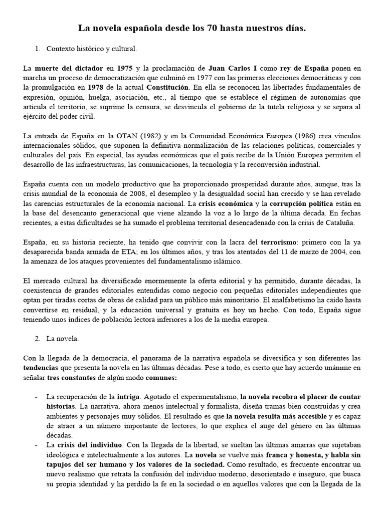 La Novela Española Desde El 70 A La Actualidad | PDF | Novelas | España