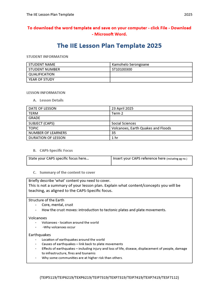 2025 IIE Lesson Plan Template-1 | PDF | Earthquakes | Learning