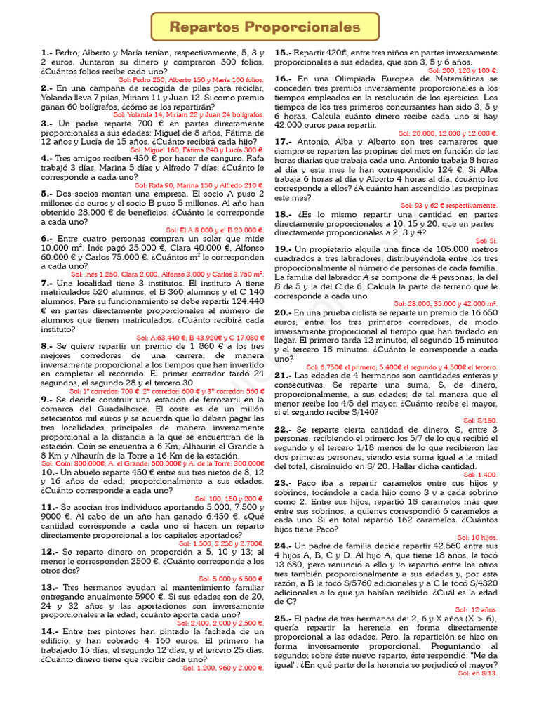 Problemas Repartos Proporcionales | PDF
