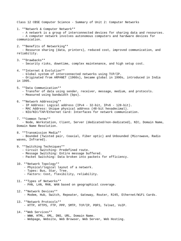 Computer Networks Summary Class12 | PDF