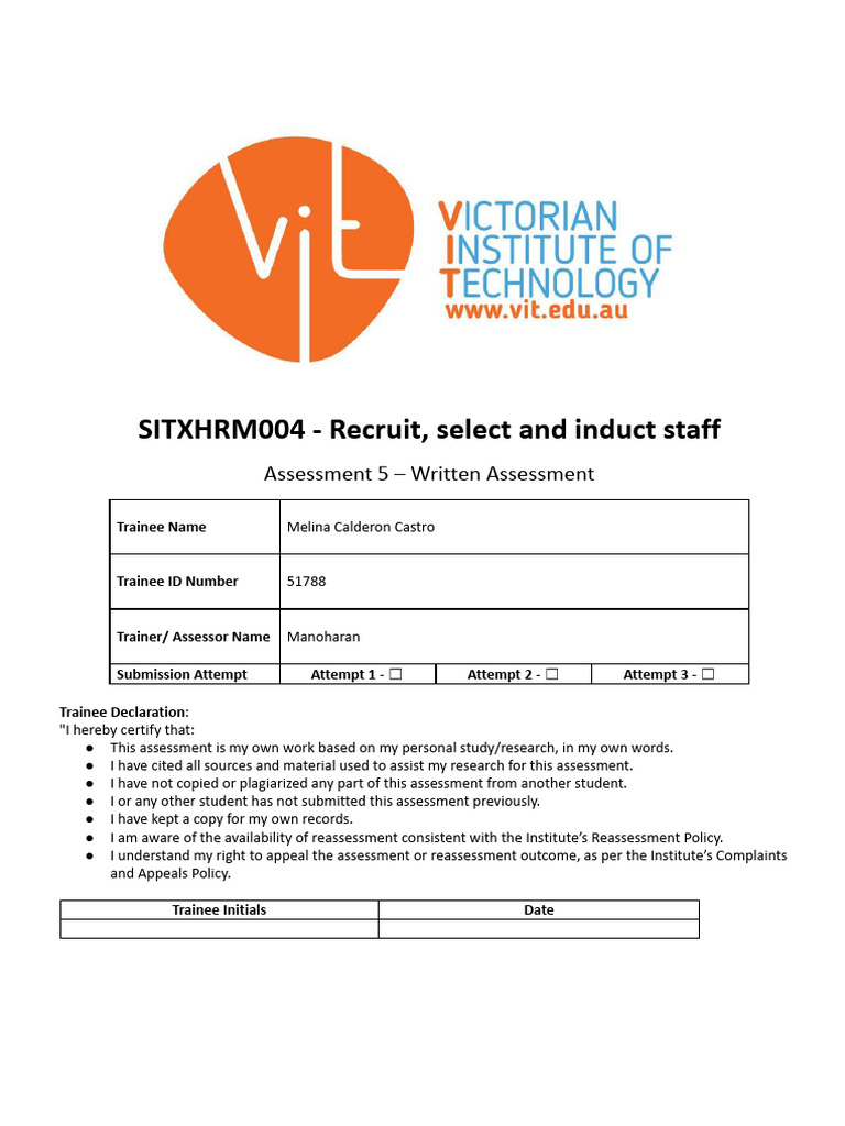 SITXHRM004 - Written Assessment - Docx 2 | PDF | Recruitment | Employment