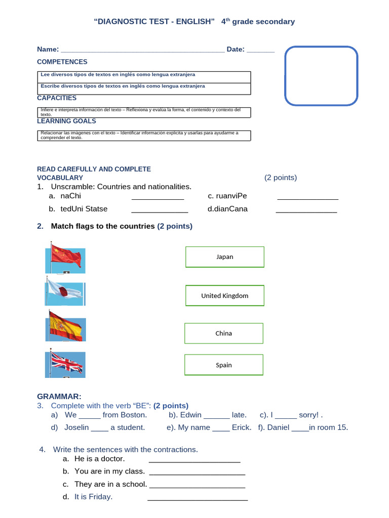 4th Grade English Diagnostic Test | PDF | Linguistic Typology | Languages