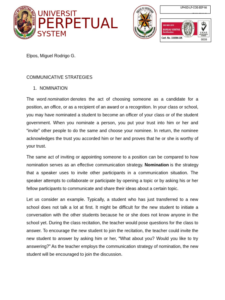 Elpos - Communication Strategies - Nomination and Restriction | PDF ...