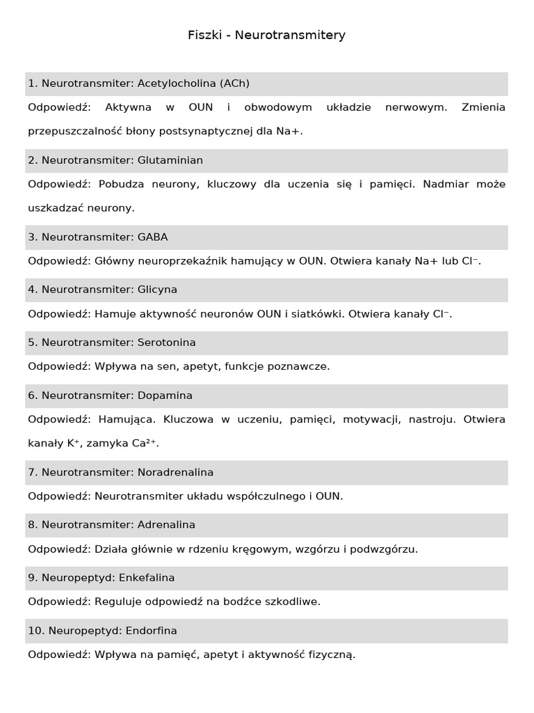 Fiszki Neurotransmitery | PDF