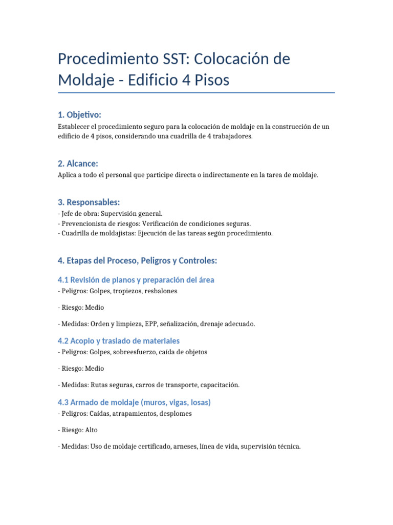 Procedimiento SST Moldaje 4pisos | PDF
