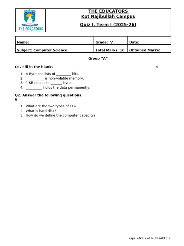 Grade 5 Computer Science Quiz I | PDF