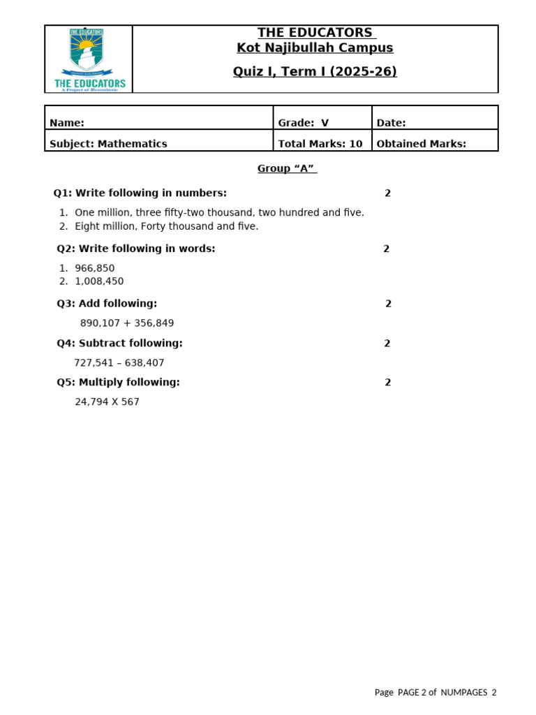 Maths Grade 5 | PDF