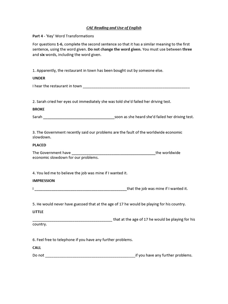 CAE Key Word Transformations Exercises | PDF