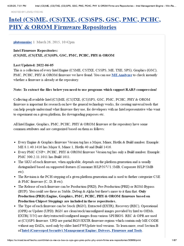 Intel (CS) ME, (CS) TXE, (CS) SPS, GSC, PMC, PCHC, PHY & OROM Firmware ...