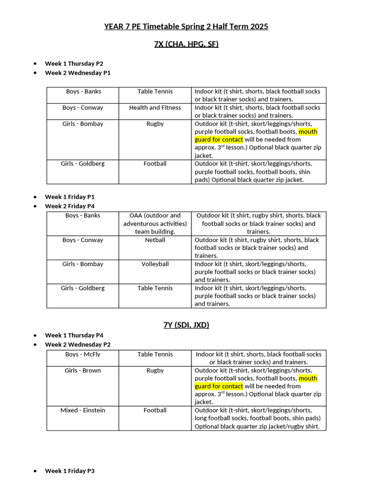 Y7 Spring 2 Programme 2025 | PDF | Sports | Dress Codes