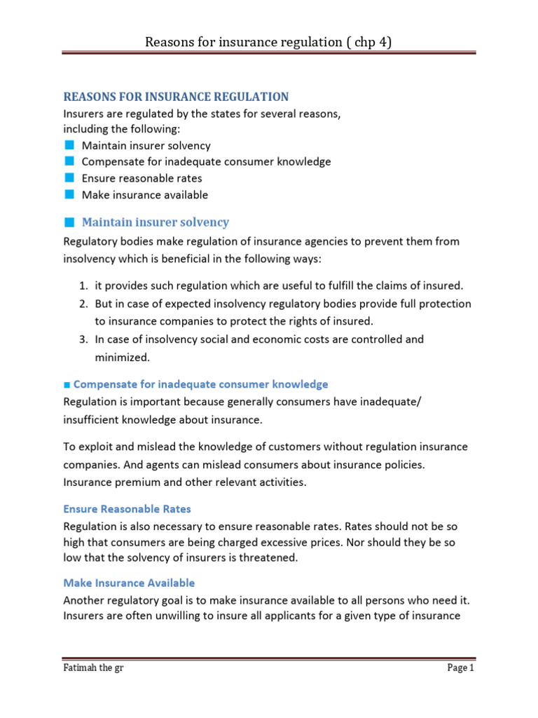 REASONS FOR INSURANCE REGULATION CHP 4 | PDF | Insurance | Insurance Policy