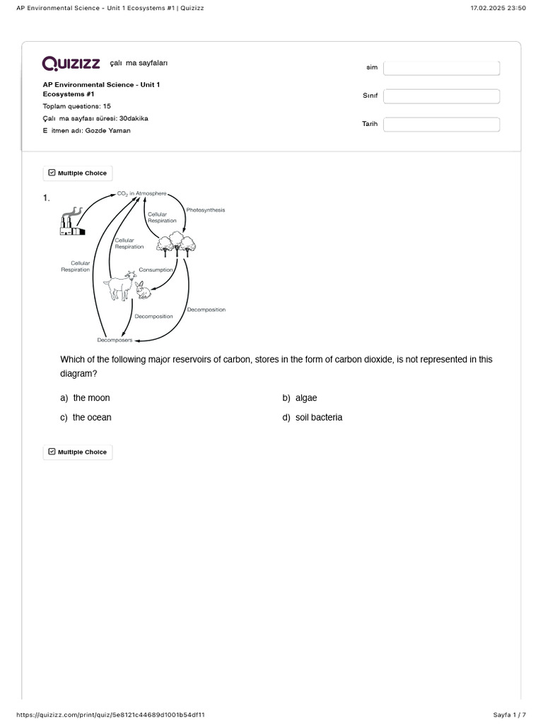 AP Environmental Science - Unit 1 Ecosystems #1 - Quizizz | PDF | Fresh ...