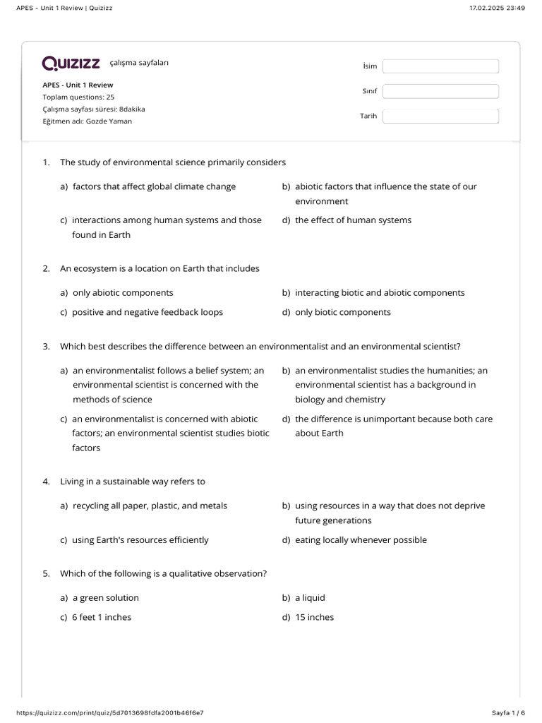 APES - Unit 1 Review - Quizizz | PDF | Ecosystem | Forests