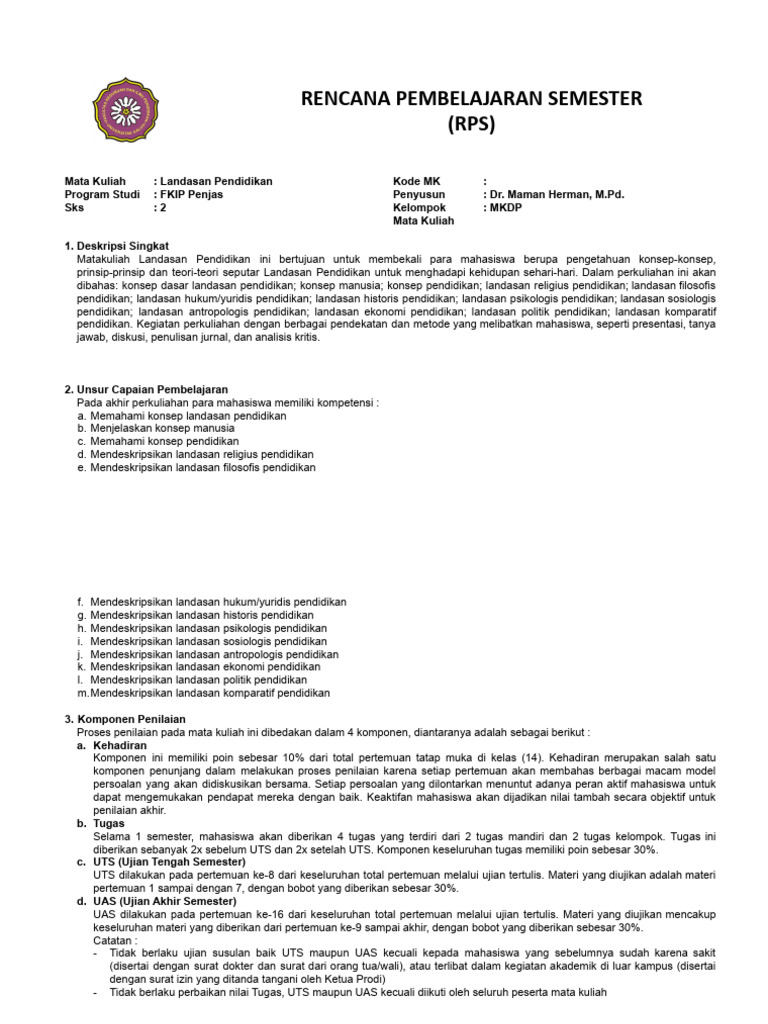 RPS Landasan Pendidikan Fkip Unigal Penjas Tahun 2021 Semester Ganjil | PDF