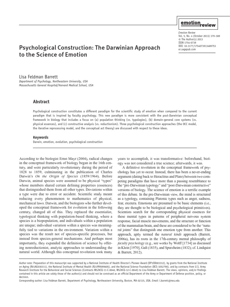 Psychological Construction, The Darwinian Approach | PDF | Emotions ...
