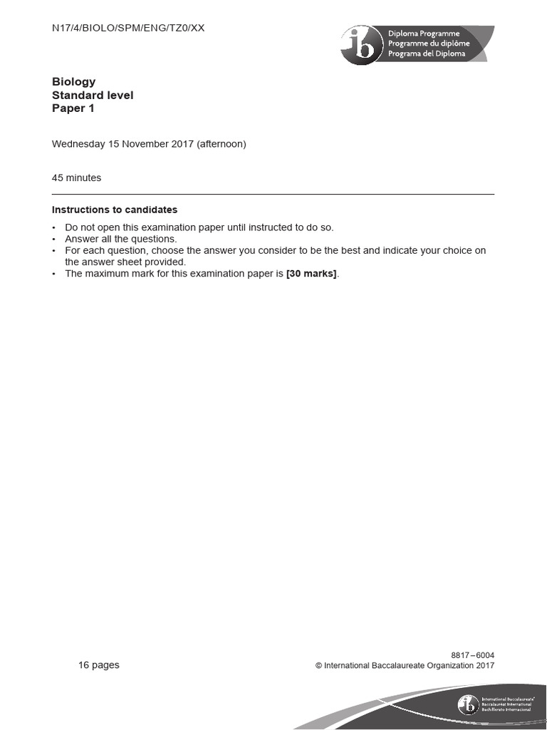 IB Biology Standard Level Exam Paper 1 | PDF | Cell (Biology) | Dna