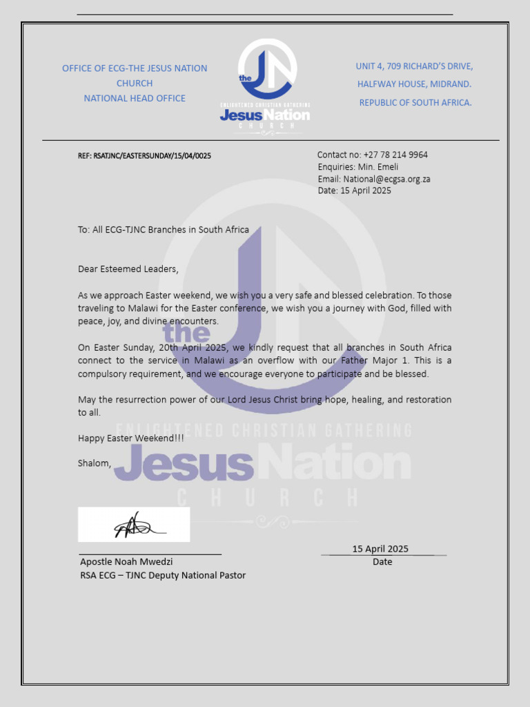 TJNC SA Easter Sunday Notice | PDF