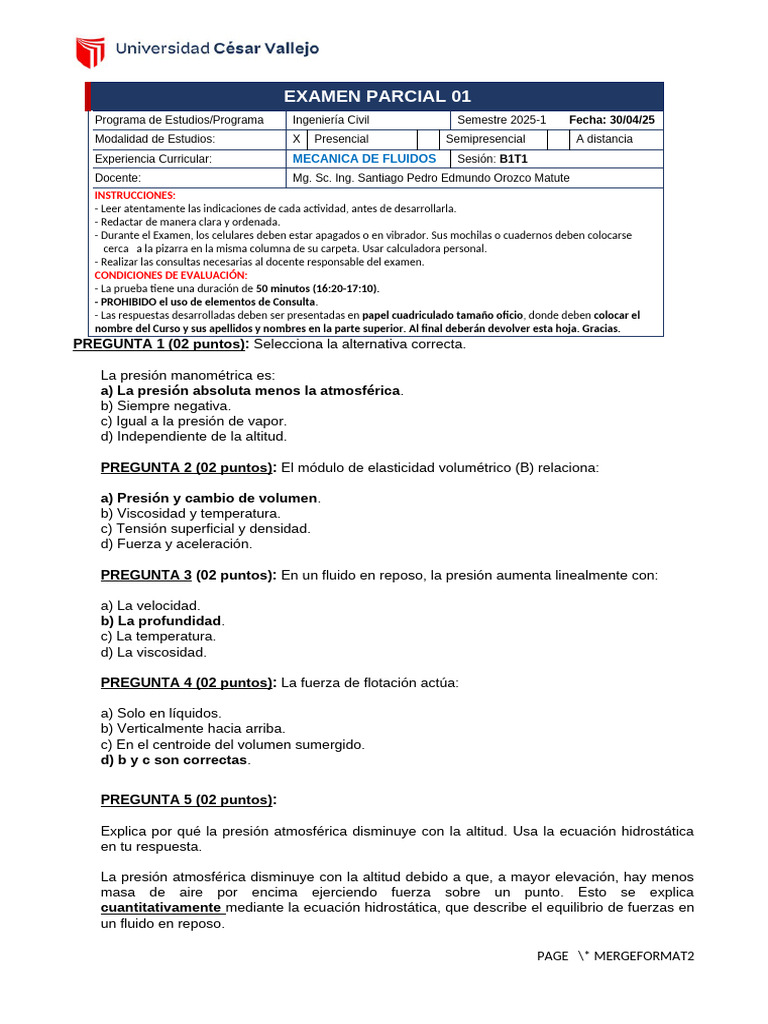 MECFLU B1 EP 01 - 2025-1 - 30 Abr2025.SOLUCION | PDF | Líquidos | Tensión superficial