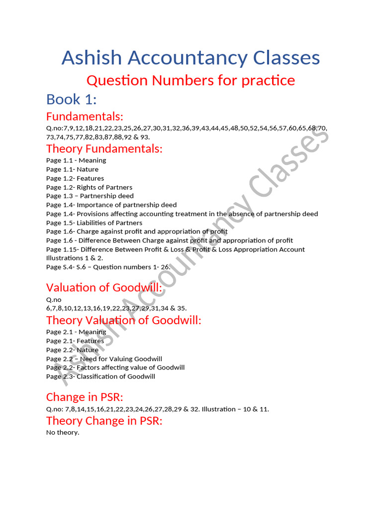 Question Numbers For Practice Including Theory | PDF | Goodwill (Accounting) | Valuation (Finance)