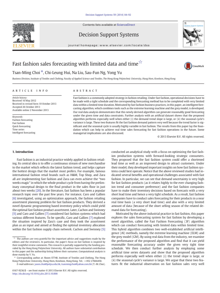 Choi Et Al. - 2014 - Fast Fashion Sales Forecasting With Limited Data and Time | PDF ...