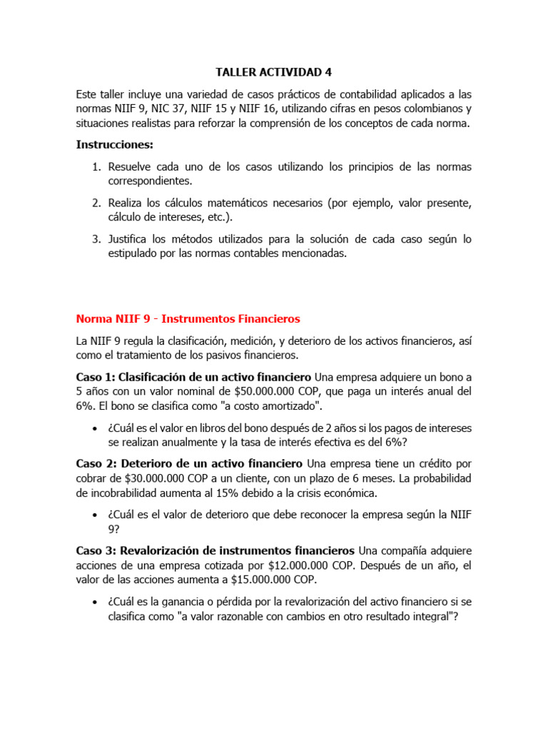 Taller Actividad 4 | PDF | normas internacionales de INFORMACION FINANCIERA | Interés