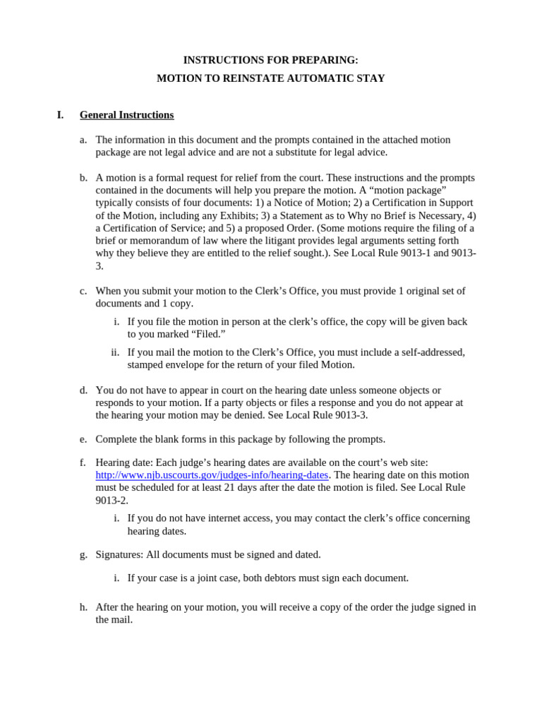Motion to Reinstate Automatic Stay Guide | PDF | Bankruptcy | Chapter 11
