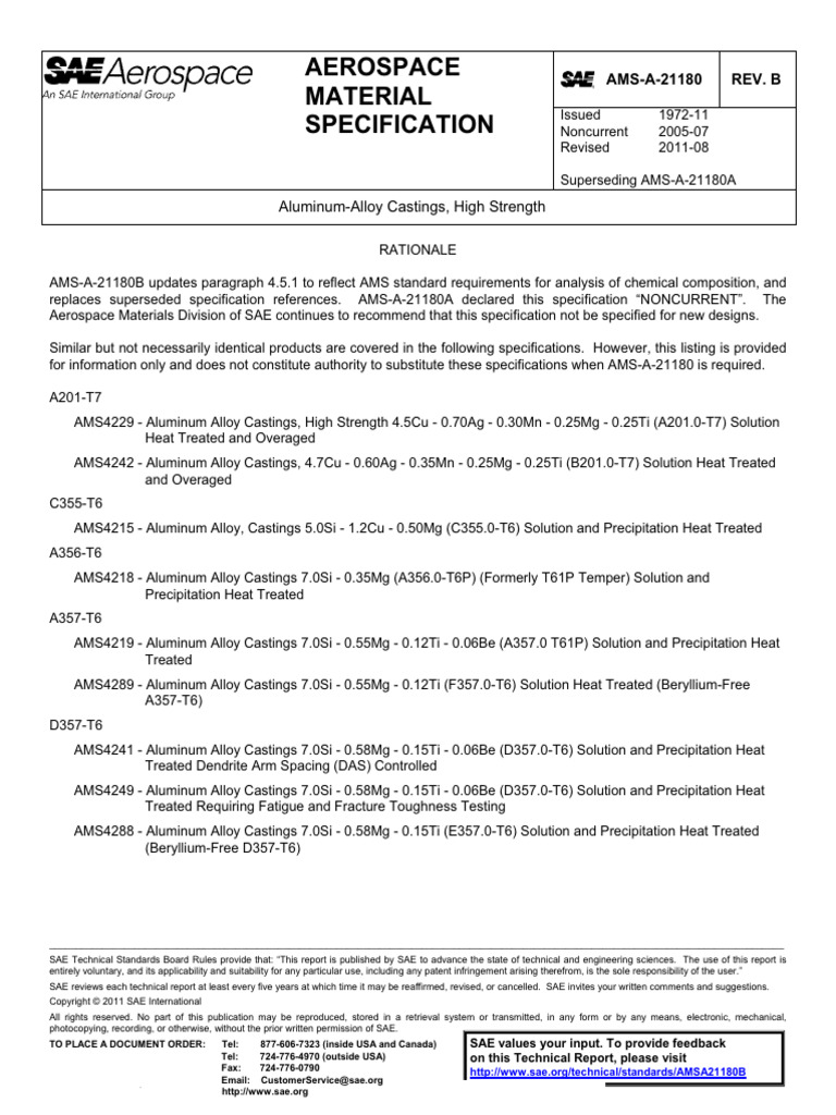 Aerospace Material Specification Ams-A-21180 | PDF | Foundry | Heat ...