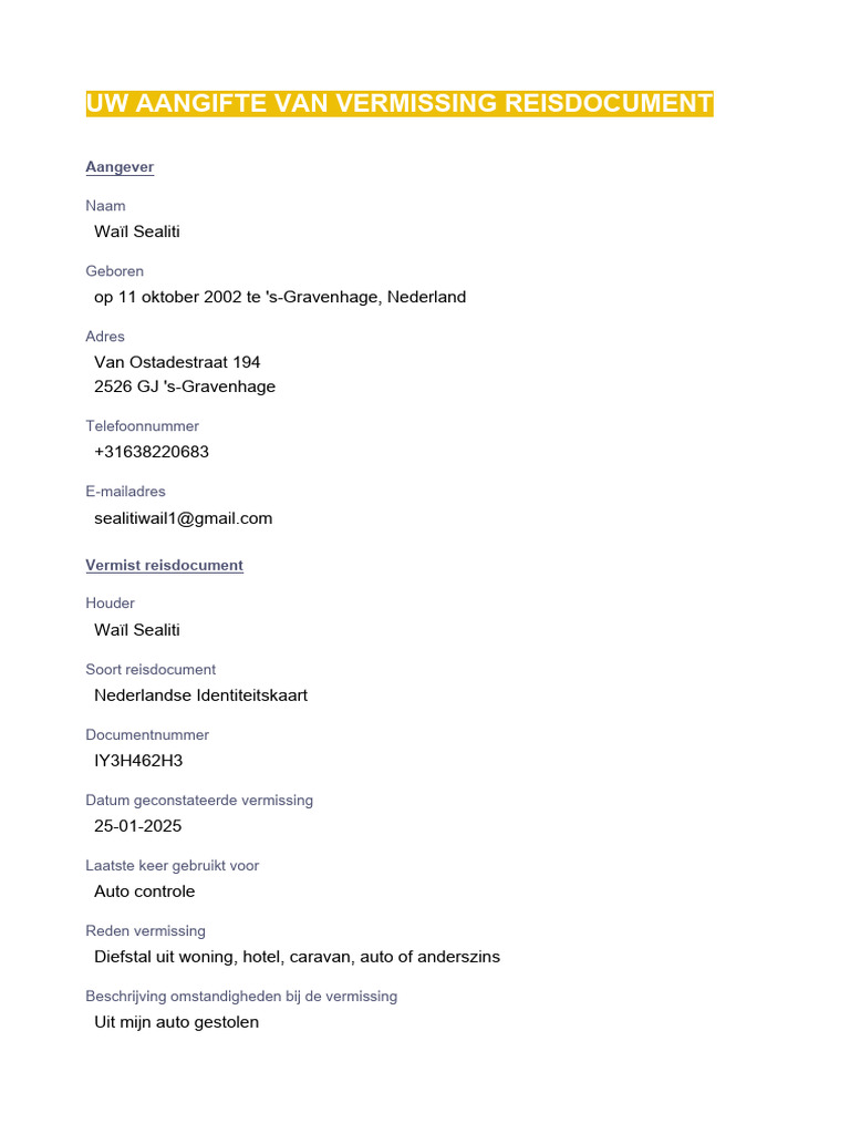 Aangifteformulier Vermissing Reisdocument Doorgeven | PDF