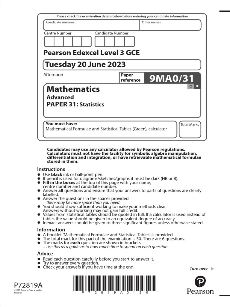 A Level Edexcel Maths June 23 31 QP | PDF | Mathematics | Standard ...