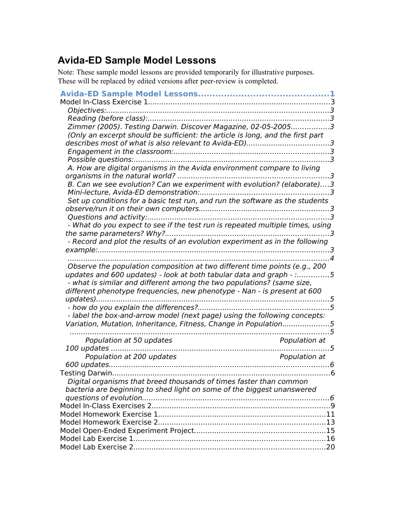 Avida-ED Sample Model Lessons Explained | PDF | Evolution | Genetics