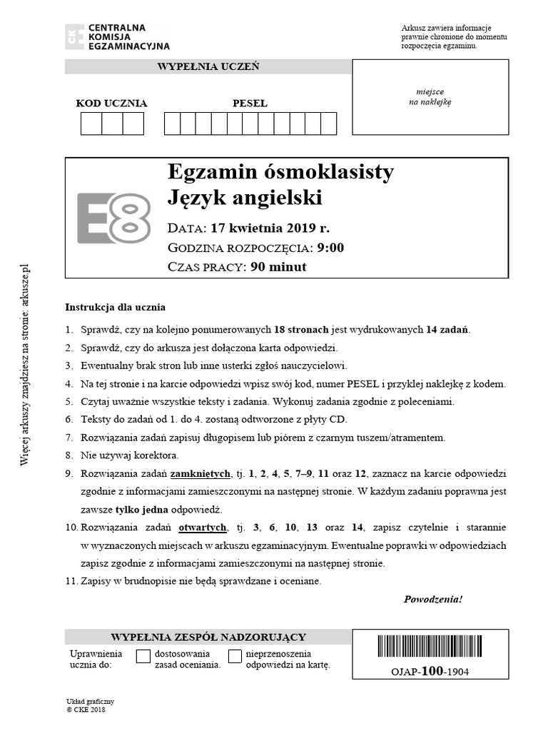 Jezyk Angielski 2019 Egzamin Osmoklasisty | PDF