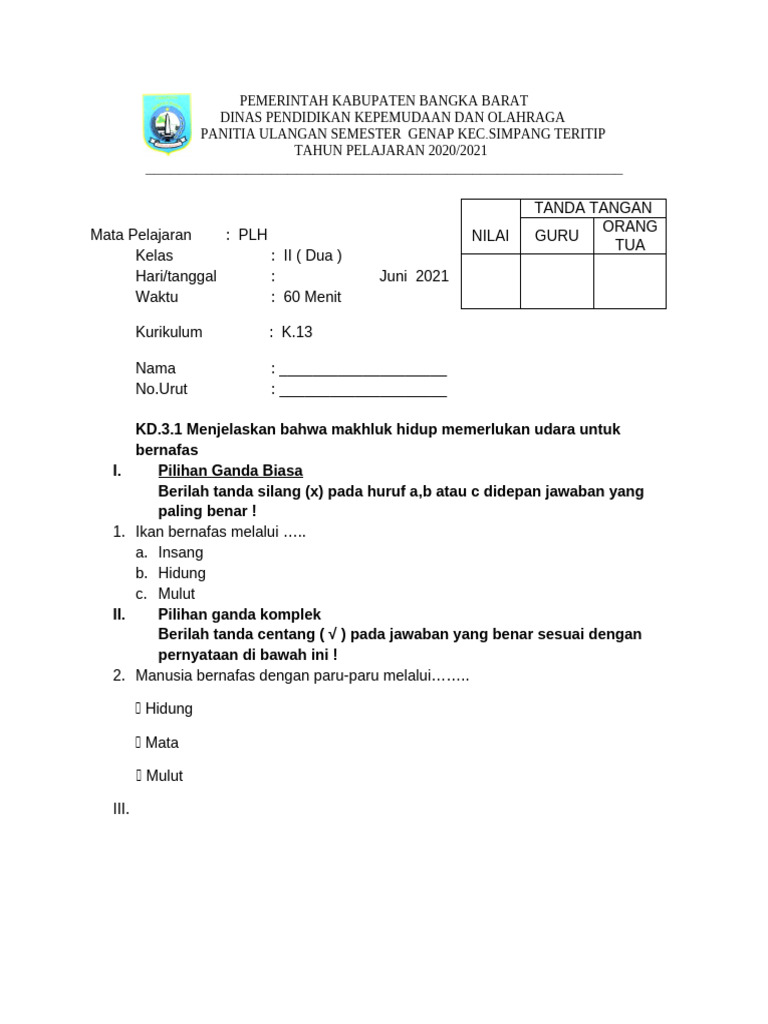 soal-soal UAS kls 2 PLH thn 2021 | PDF