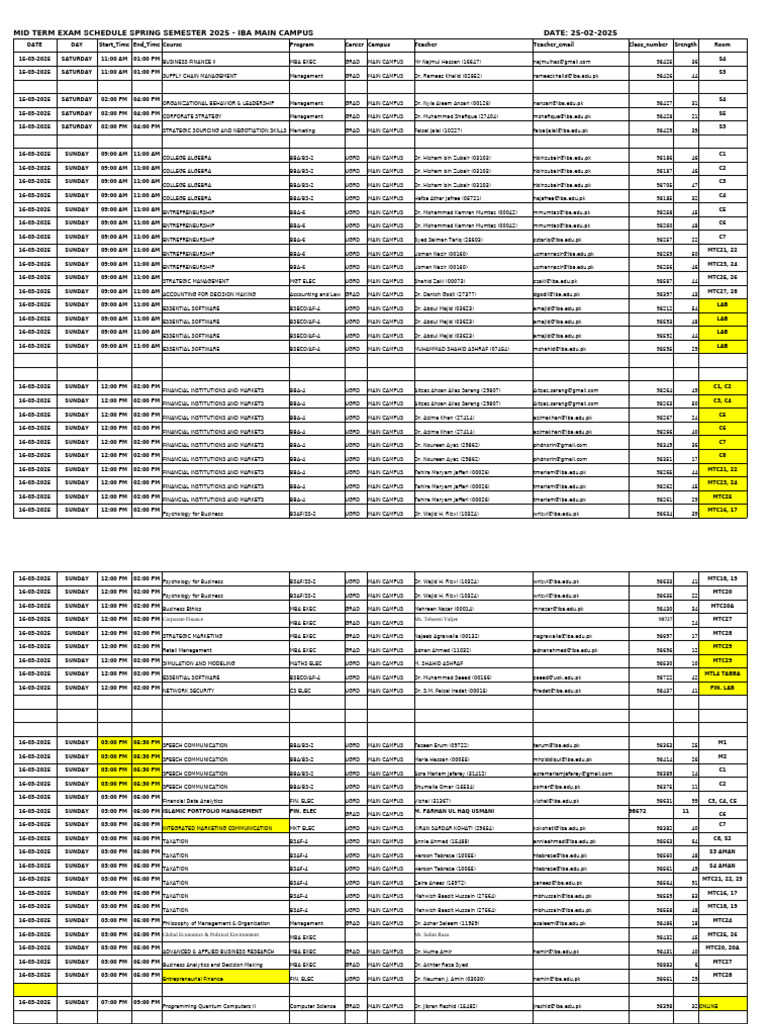 Mid Term Exam Schedule Main Campus Spring2025 | PDF | Business
