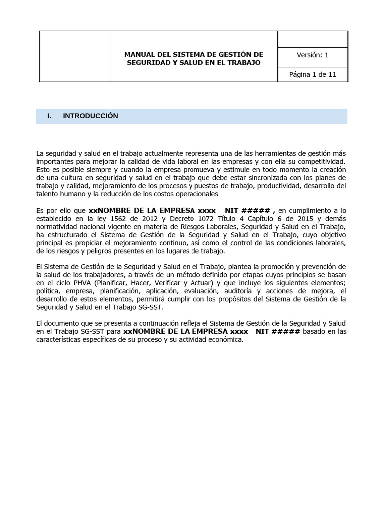 Plantilla Manual SG-SST | PDF | Seguridad y salud ocupacional | Valores